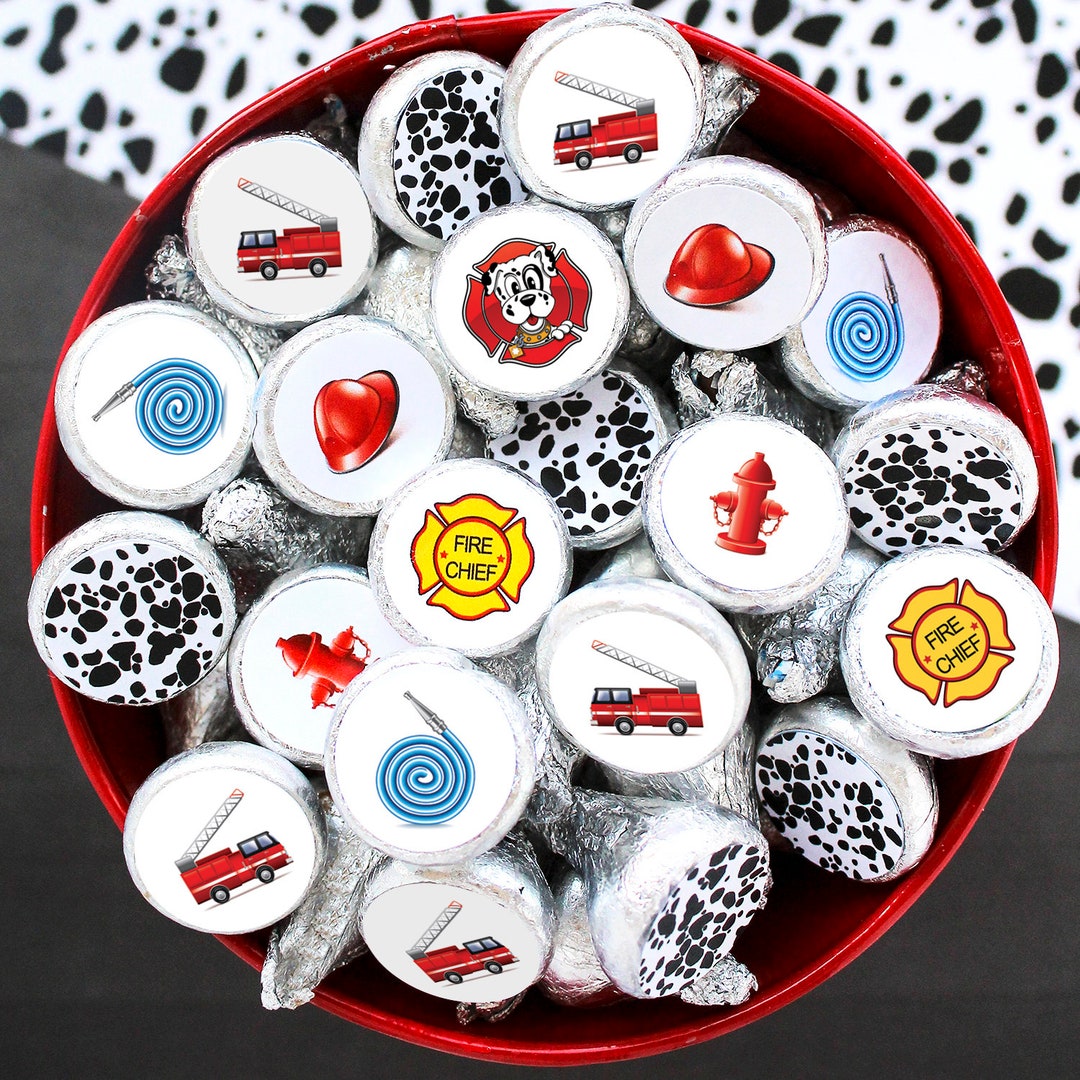 Firefighter Birthday Party Stickers for Chocolate Kisses, Dalmatian ...