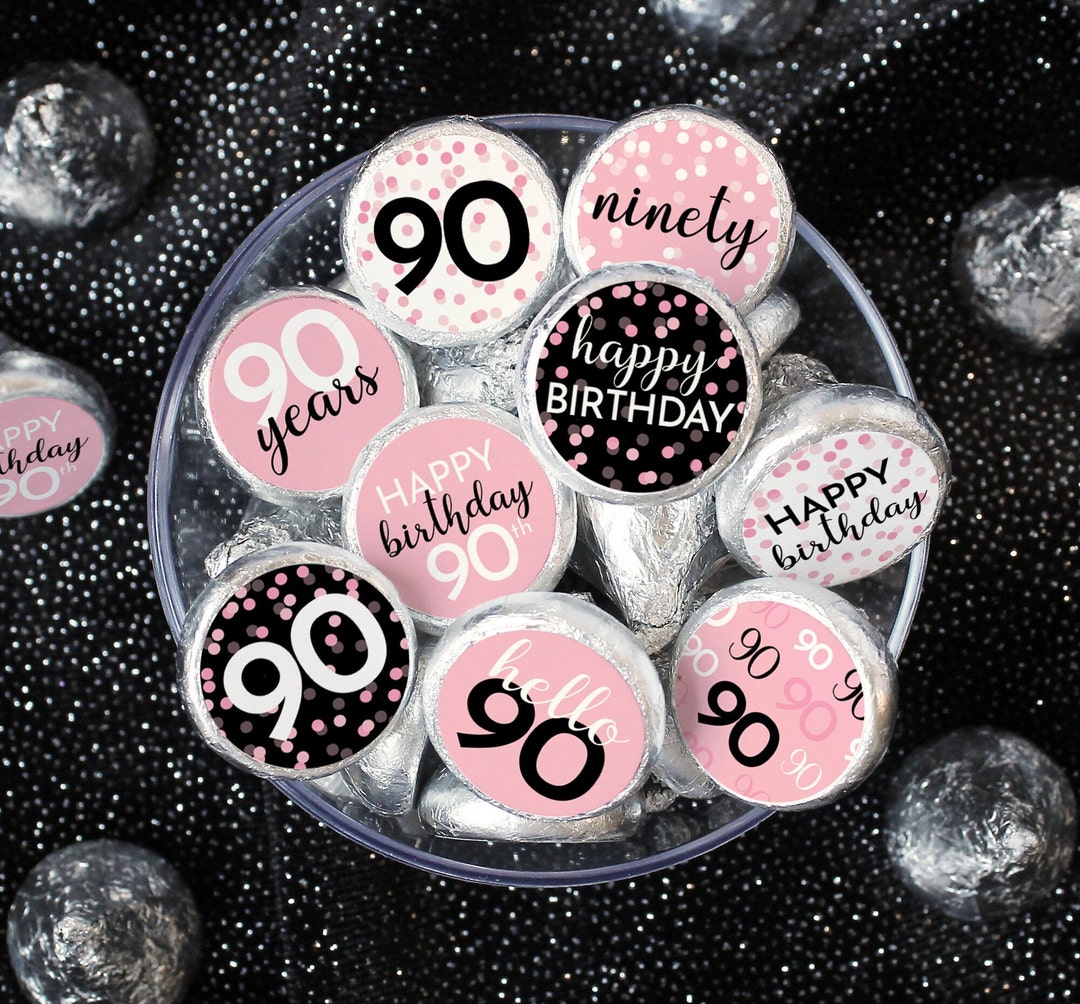 90th Birthday Party Favor Stickers, Pink Chocolate Kiss Sticker Labels ...