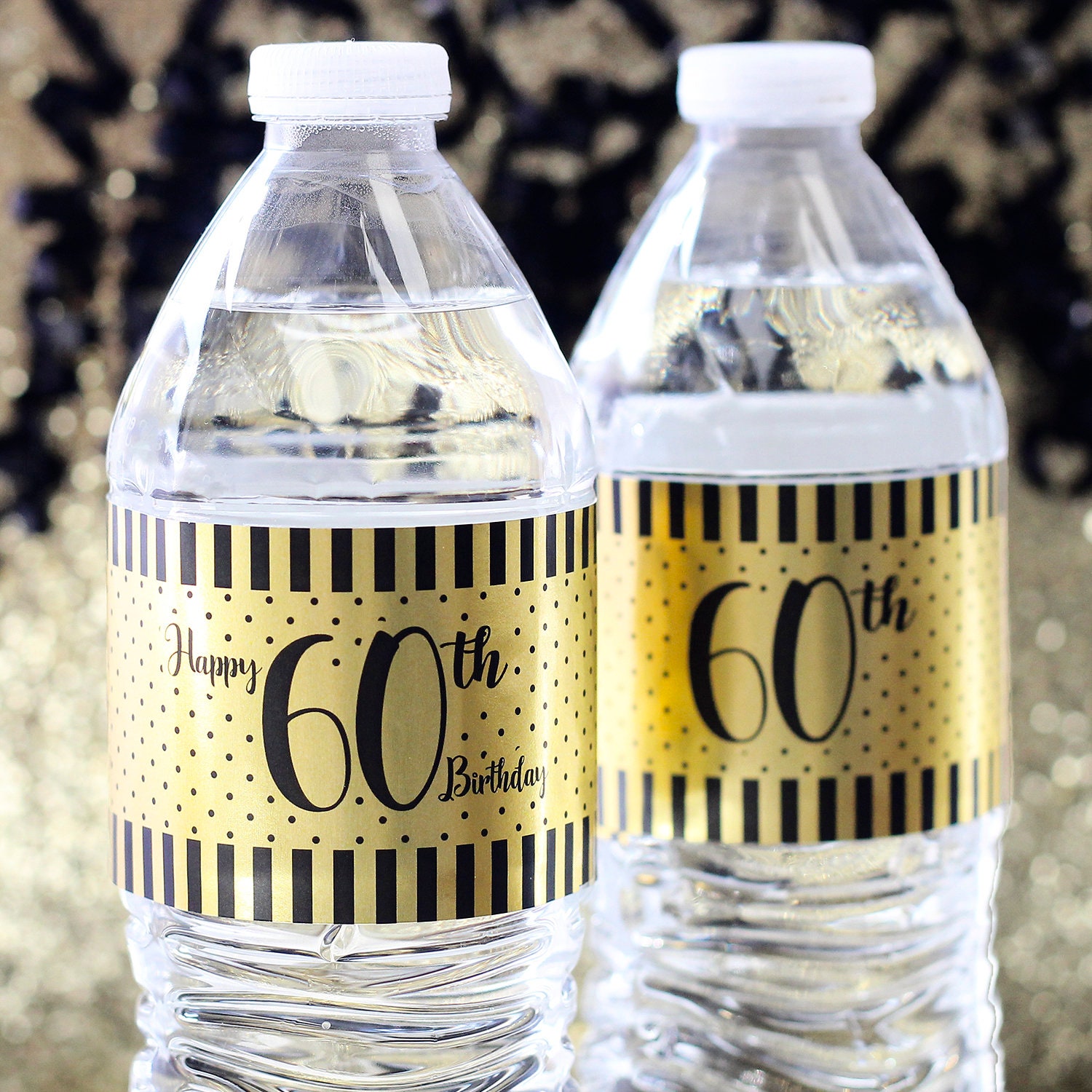 60th Birthday Water Bottle Labels Black and Gold 60th | Etsy