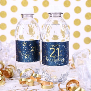21st Birthday Party Favor Stickers, Navy Blue & Gold Foil Water Bottle ...