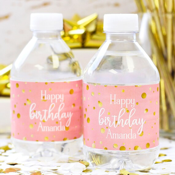 Pink Gold Happy Birthday Personalized Waterproof Water Bottle Labels ...