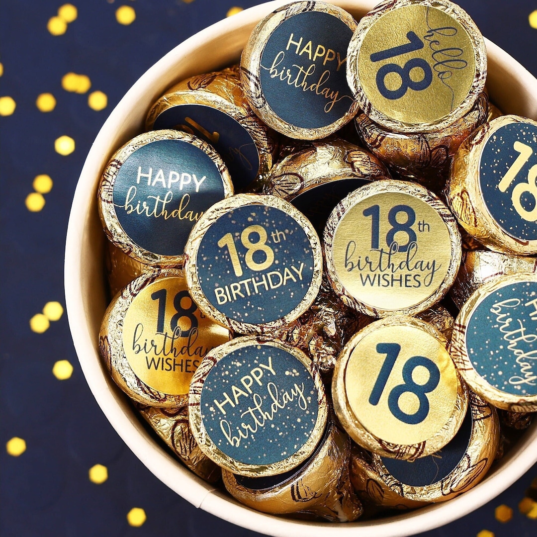 18th Birthday Stickers for Kisses Candy, Navy and Gold Happy 18th ...