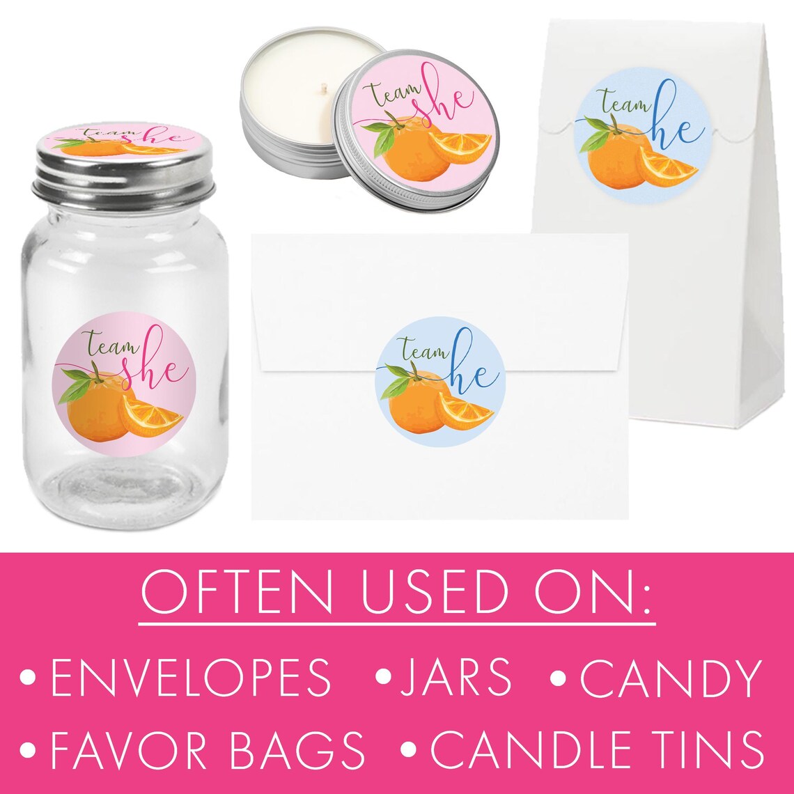 Orange You Curious Gender Reveal Stickers, Little Cutie Team He Team ...