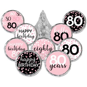 Pink 80th Birthday Party Favor Stickers for Chocolate Kisses, Happy ...