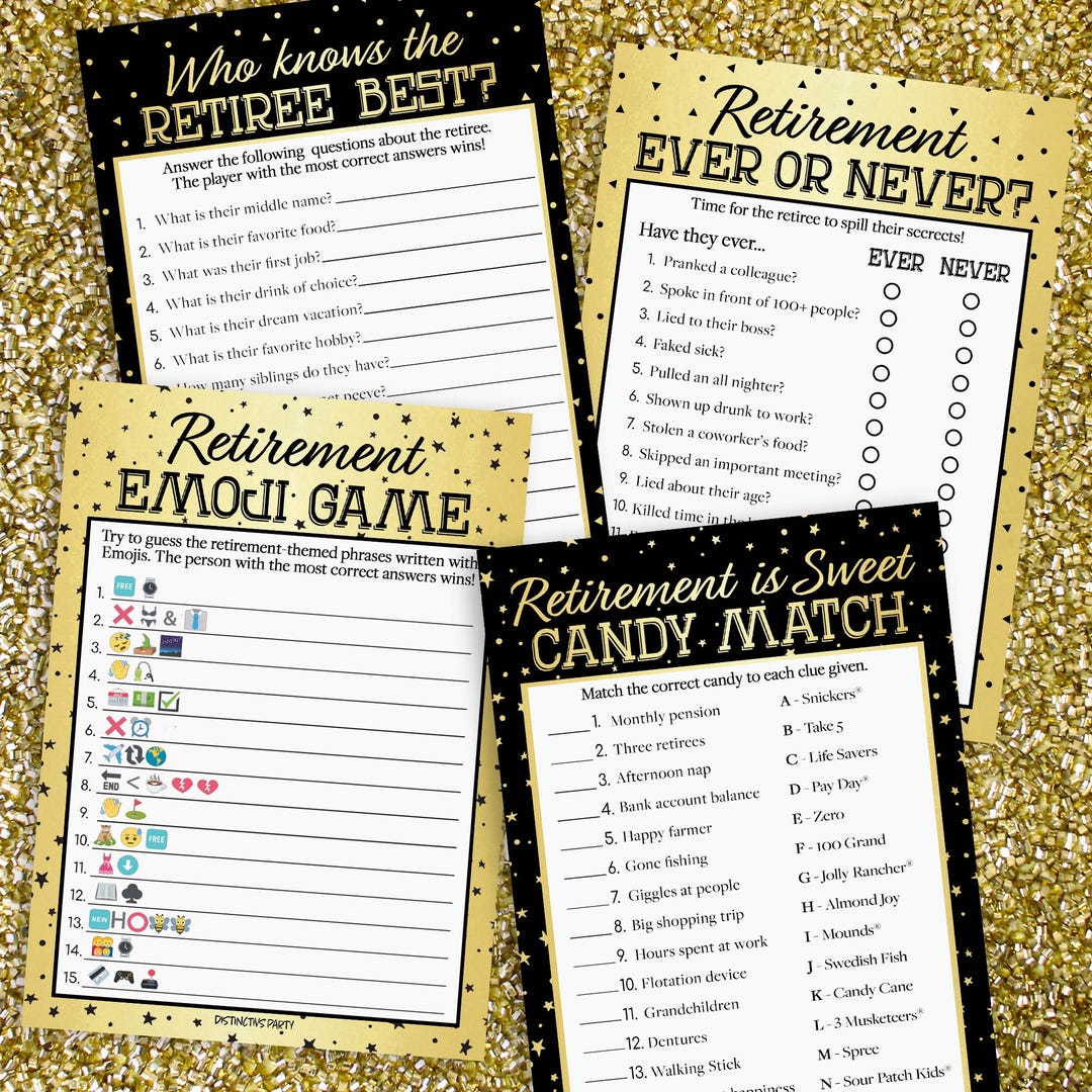 Retirement Party Game Bundle, Black and Gold - Set of 4 Games for 20 ...