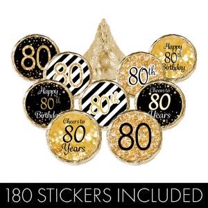 Black and Gold 80th Birthday Label Stickers for Chocolate Kisses, Happy ...