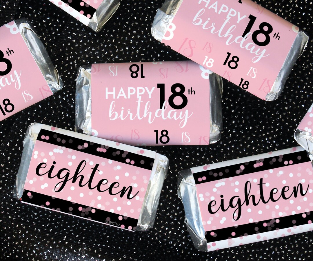 18th Birthday Party Favor Stickers Pink and Black Mini Candy Bar ...