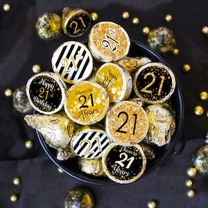 21st Birthday Stickers for Chocolate Kisses, Black and Gold Happy 21st ...