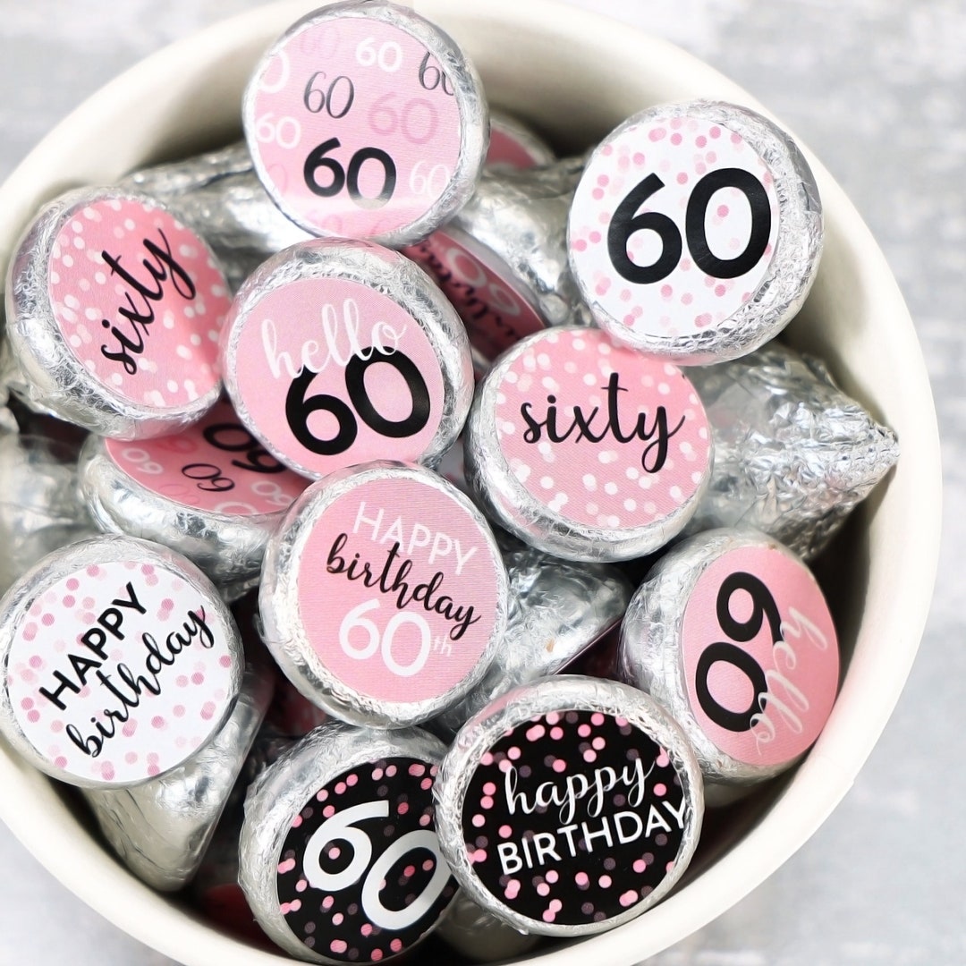 60th Birthday Label Stickers for Chocolate Kisses Pink and Black ...