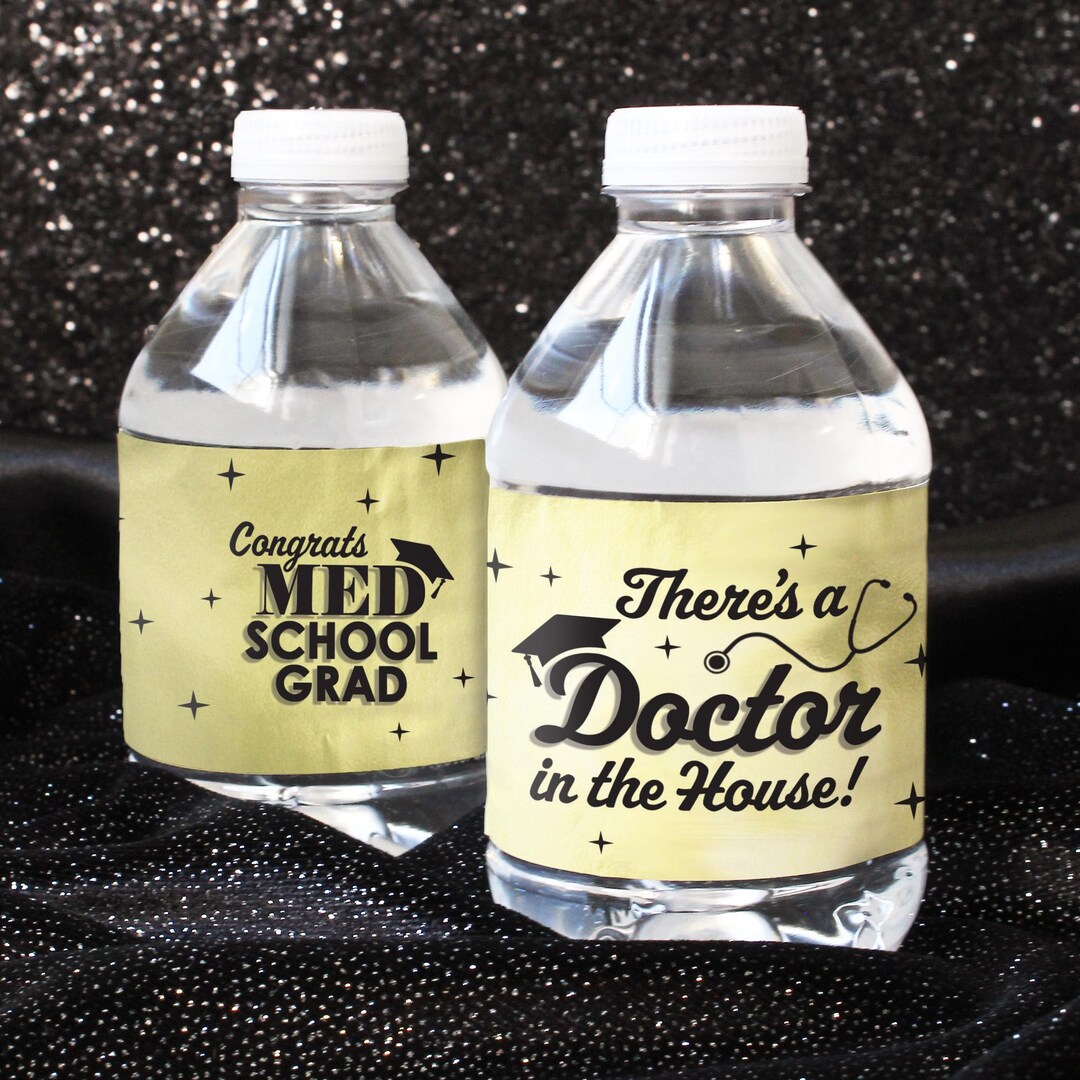 Black and Gold Med School Graduation Water Bottle Labels, Waterproof ...