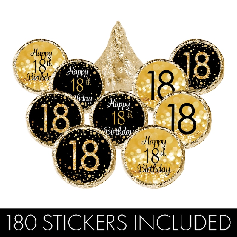 18th Birthday Party Favor Stickers, Black and Gold Candy Labels for ...