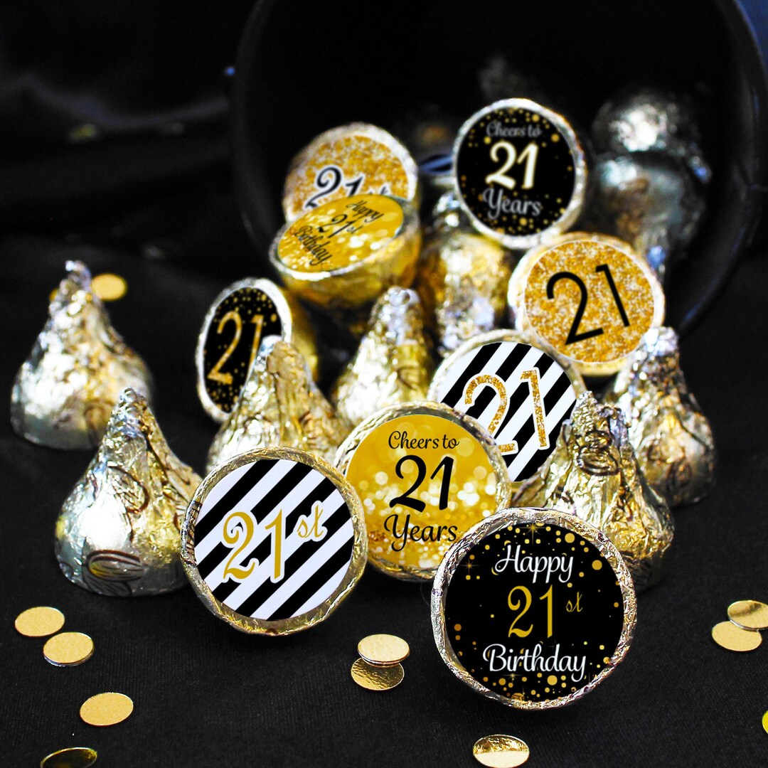 21st Birthday Stickers for Chocolate Kisses, Black and Gold Happy 21st ...