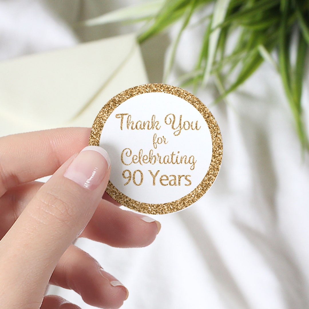 90th Birthday White and Gold Thank You Stickers Birthday Round Labels ...