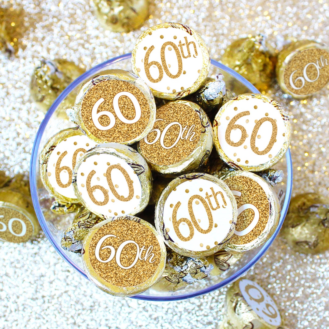 60th Birthday Stickers for Chocolate Kisses, White and Gold Happy 60th ...