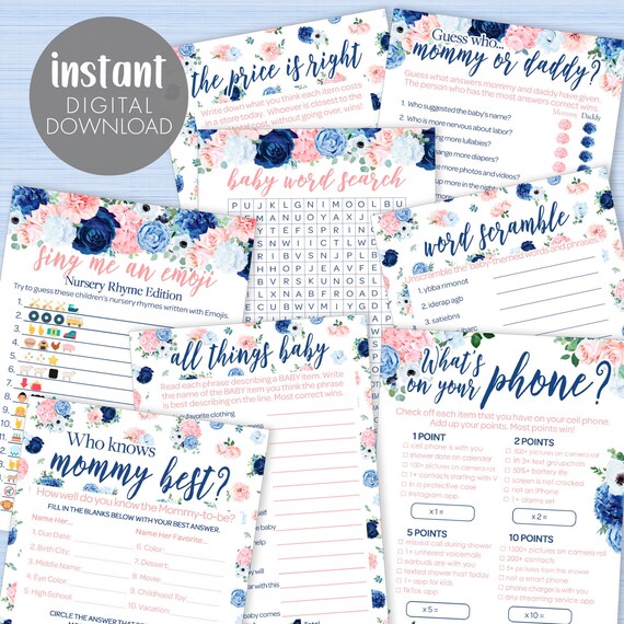 Navy and Blush Baby Games Bundle, Instant Download Blue Pink Baby ...