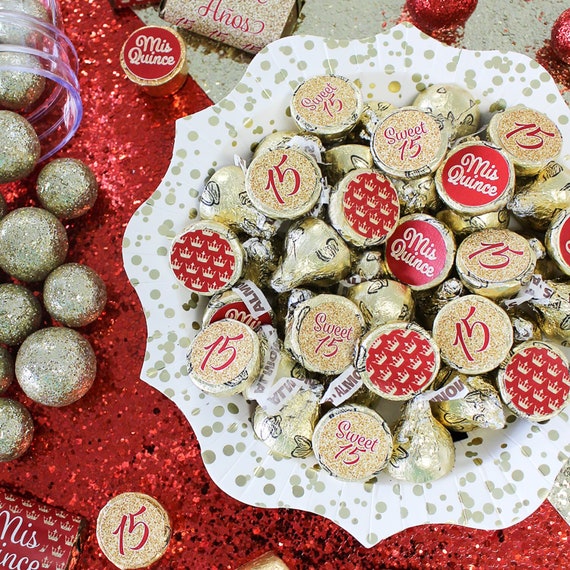 Quinceañera Stickers Red and Gold for Chocolate Kisses, 180 Ct ...