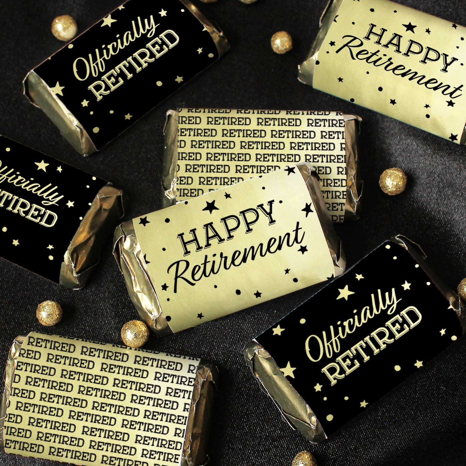 Retirement Party Mini Candy Bar Wrapper Stickers, Black and Gold Theme ...