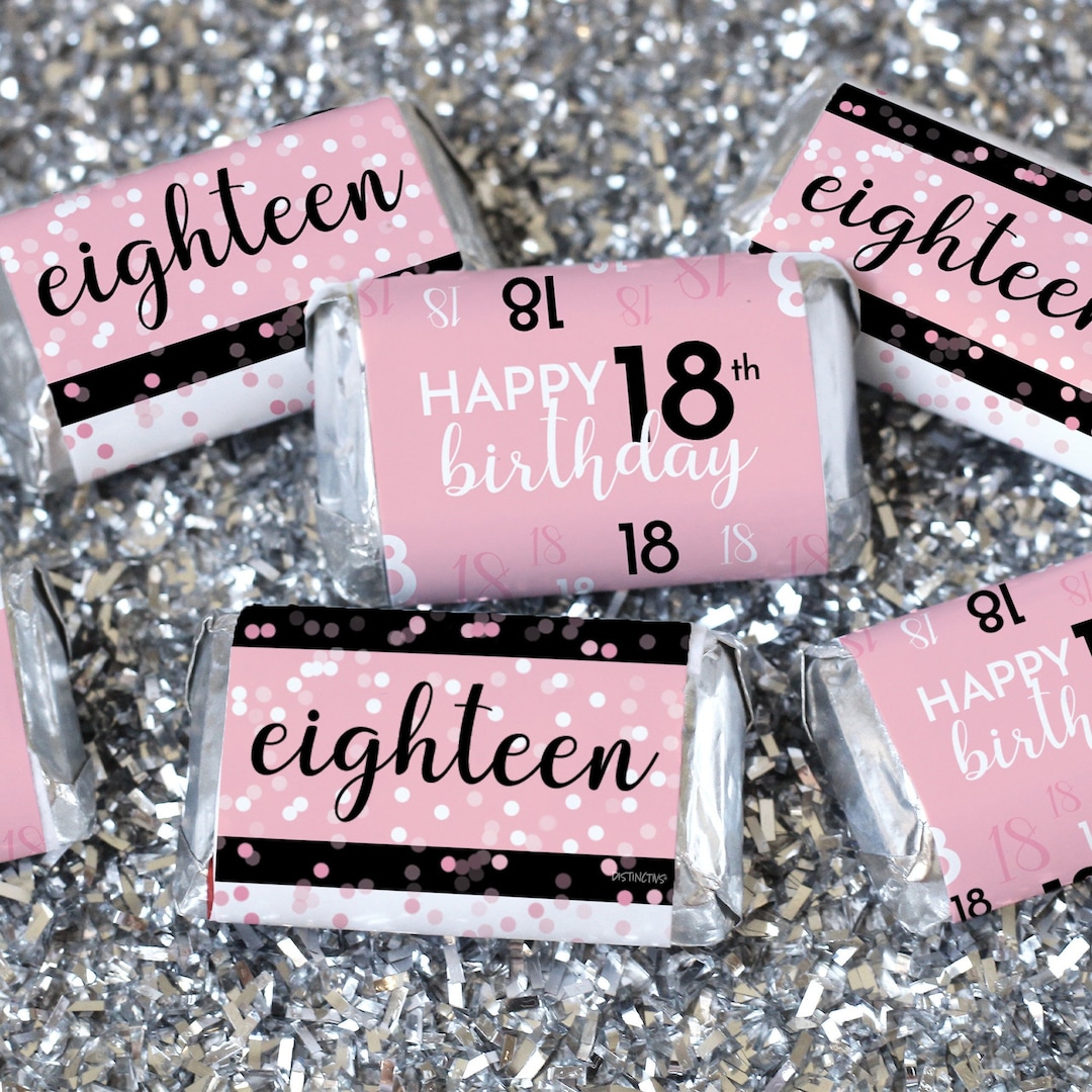 18th Birthday Party Favor Stickers - Pink and Black Mini Candy Bar ...