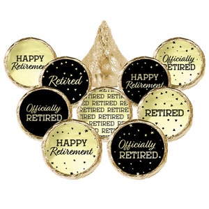 Retirement Party Stickers for Chocolate Kisses, Black and Gold Happy ...