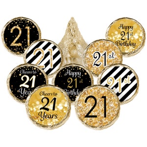 21st Birthday Stickers for Chocolate Kisses, Black and Gold Happy 21st ...