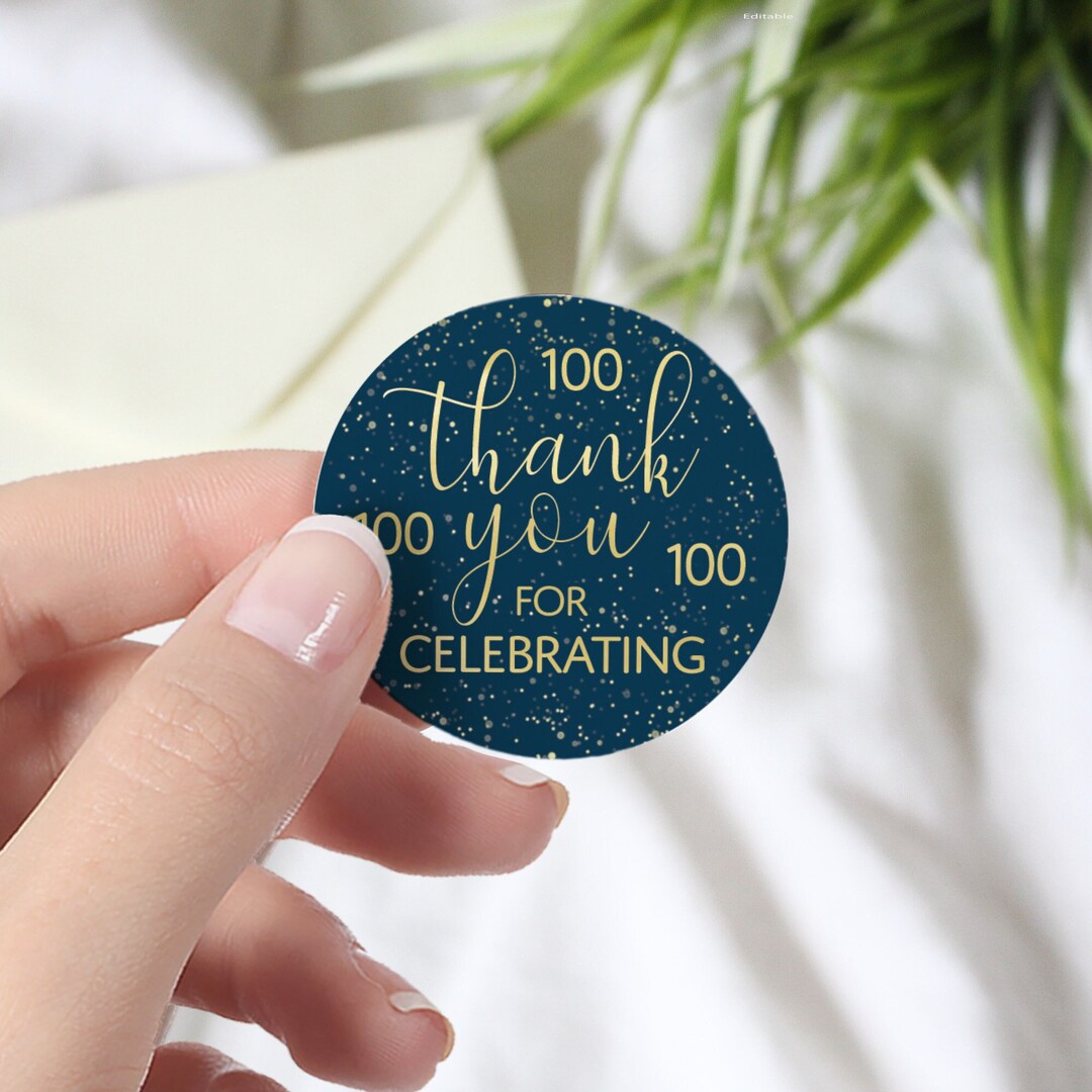 100th Birthday Party Favor Stickers Navy Blue & Gold Foil, Thank You ...