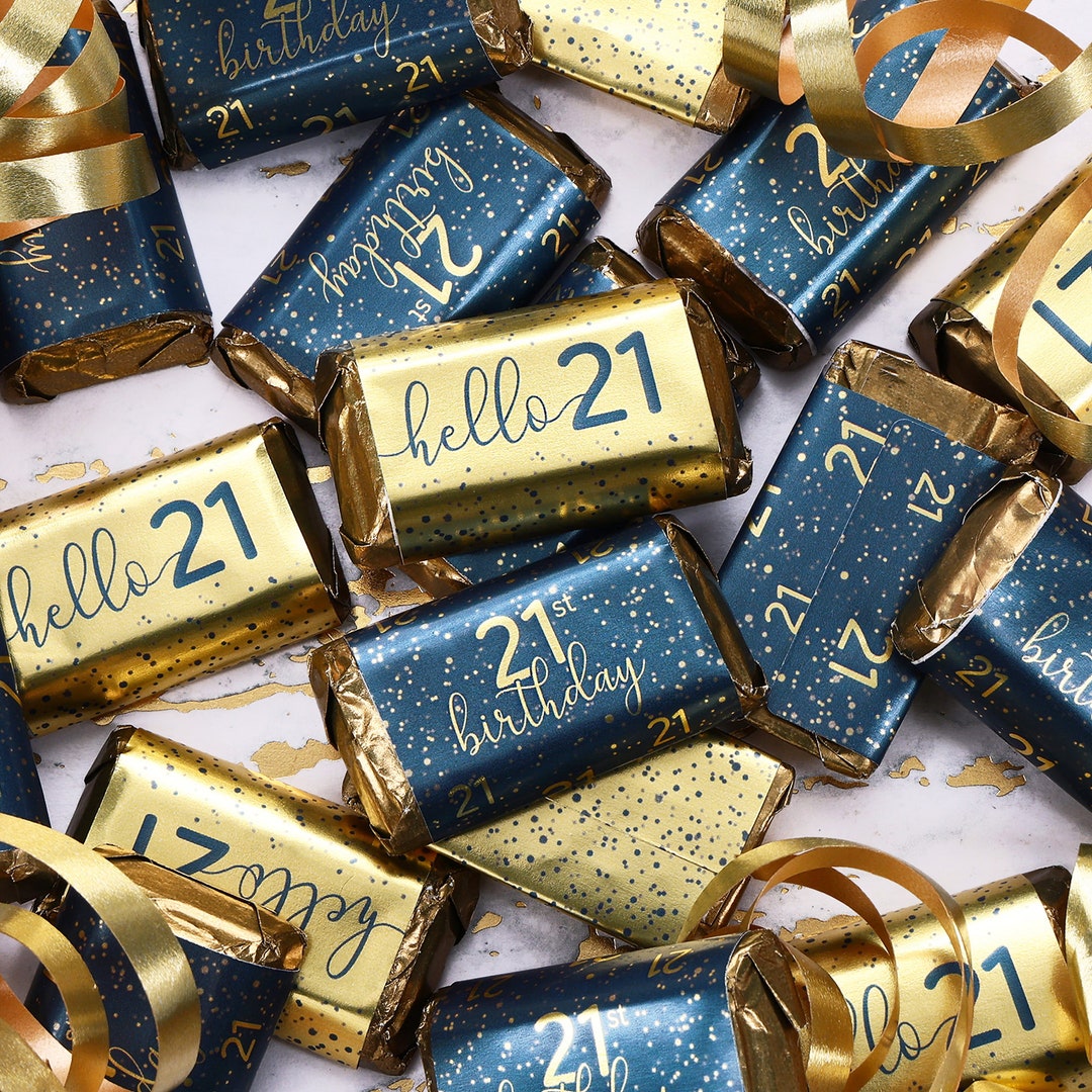21st Birthday Party Favor Stickers, Navy Blue & Gold Foil Mini Candy ...