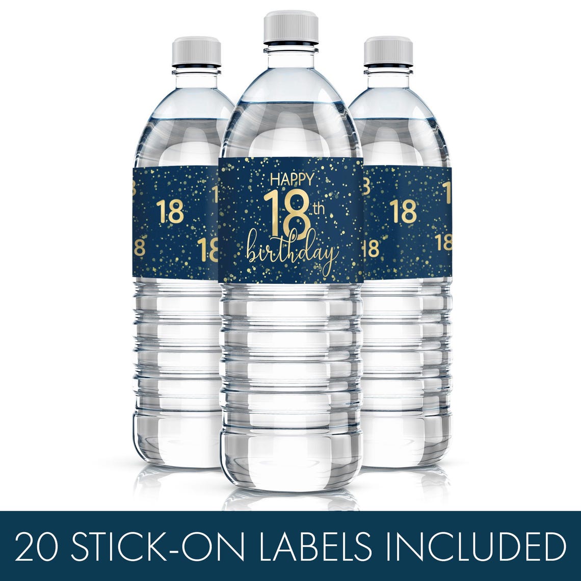 18th Birthday Party Favor Stickers - Navy Blue & Gold Foil Water Bottle ...