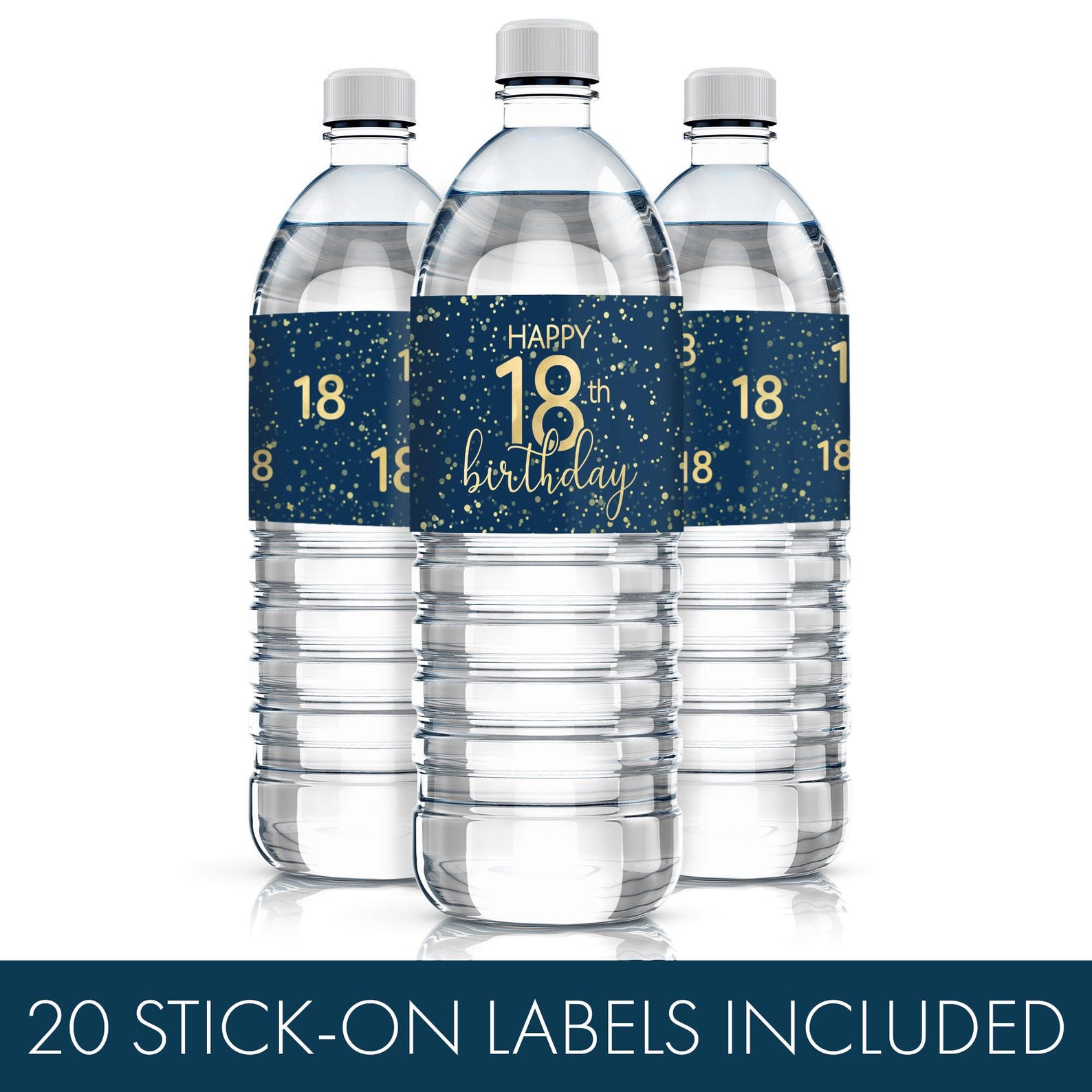 18th Birthday Party Favor Stickers - Navy Blue & Gold Foil Water Bottle ...