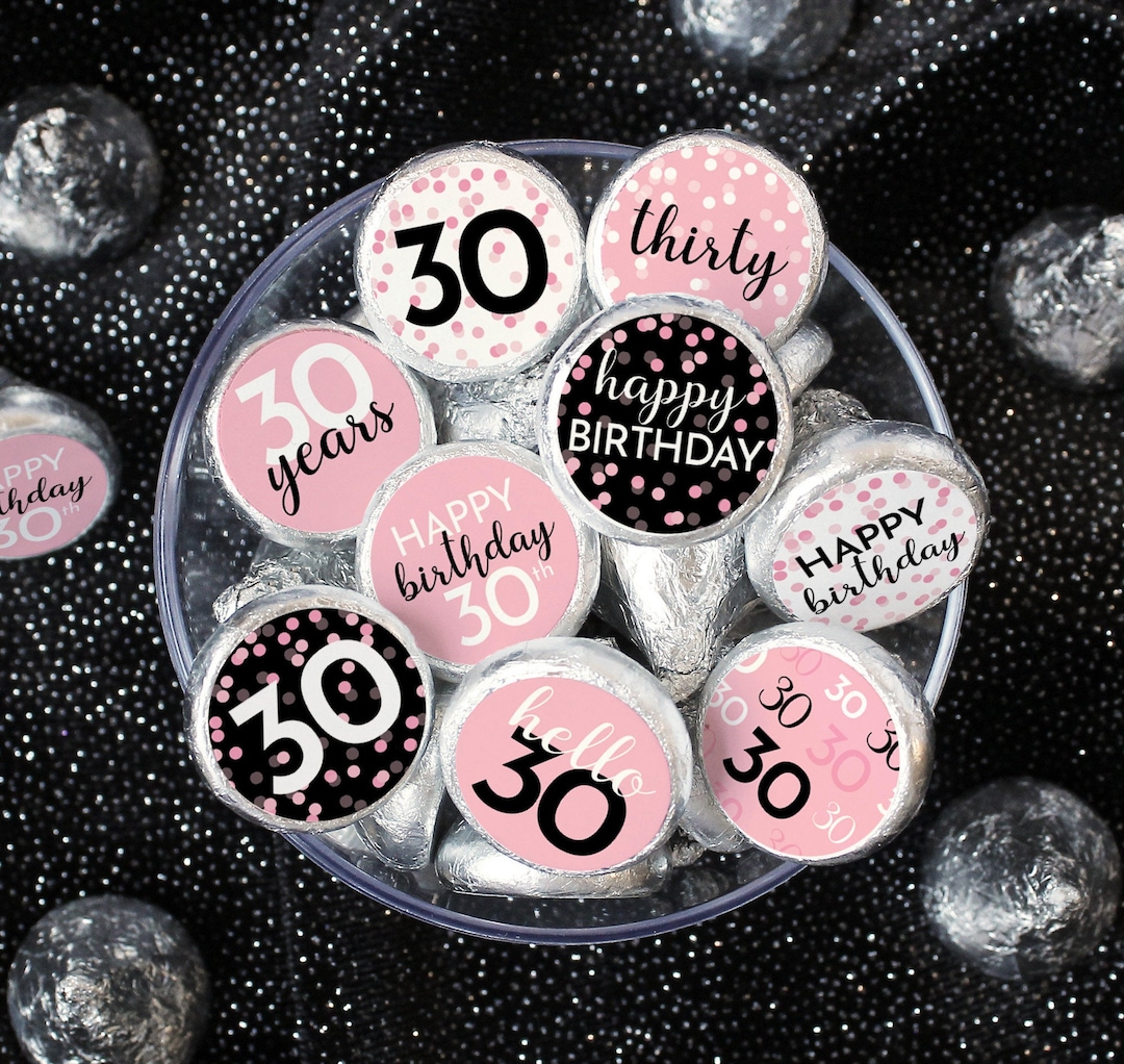30th Birthday Party Favor Stickers - Pink and Black Chocolate Kiss ...