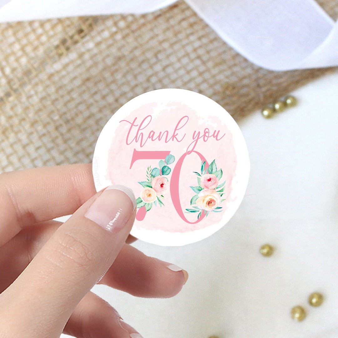 70th Birthday Thank You Stickers Pink Watercolor Flowers, Stunning ...