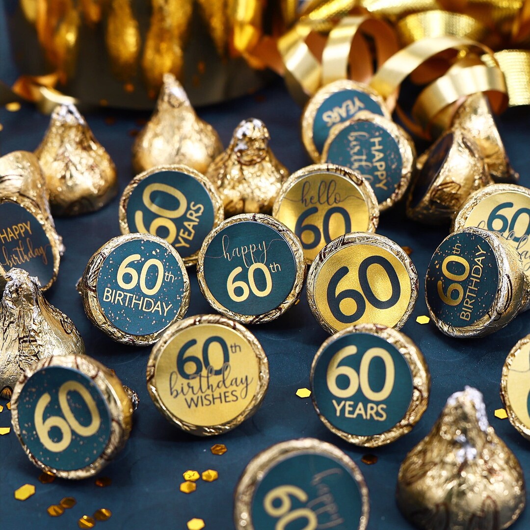 60th Birthday Label Stickers for Chocolate Kisses Candy, Navy Blue and ...
