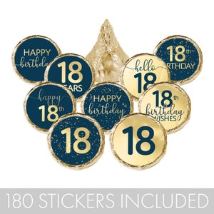 18th Birthday Stickers for Kisses Candy, Navy and Gold Happy 18th ...