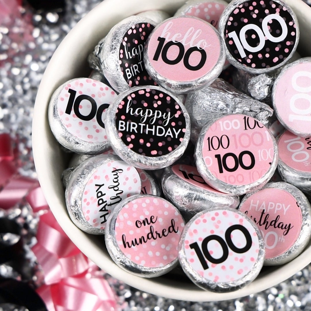 100th Birthday Party Favor Stickers Pink and Black Chocolate - Etsy
