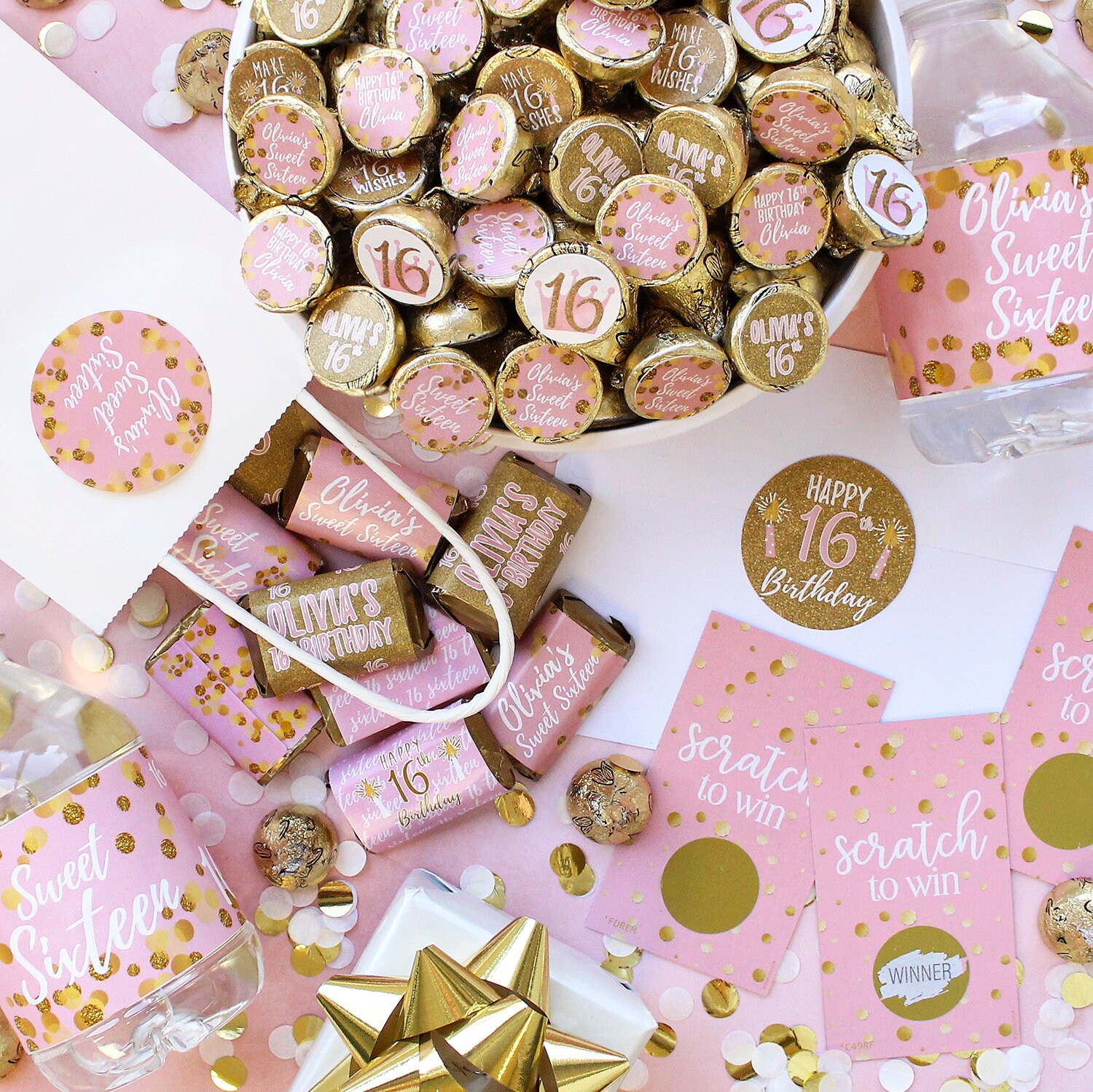 Pink and Gold Sweet 16 Party Favor Stickers, Happy 16th Birthday Party ...