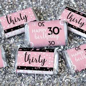 30th Birthday Party Favor Stickers - Pink and Black Mini Candy Bar ...