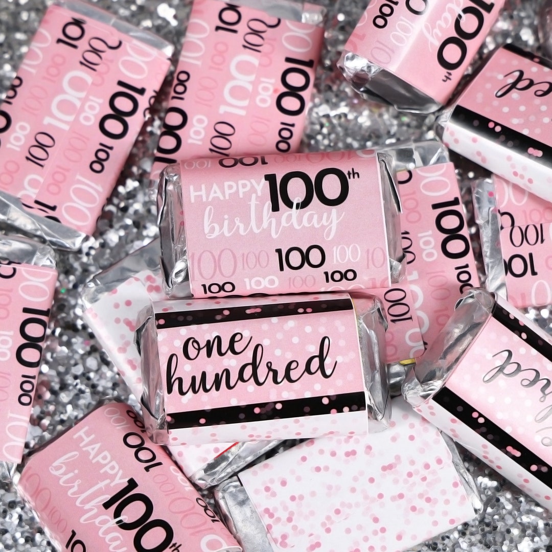 100th Birthday Party Favor Stickers Pink and Black Mini Candy Bar ...