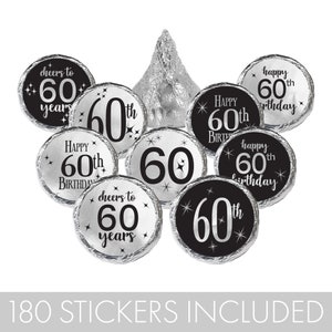 60th Happy Birthday Party Favor Stickers, Silver Foil & Black 60th ...
