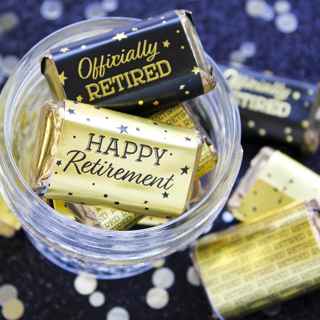 Retirement Party Mini Candy Bar Wrapper Stickers, Black and Gold Theme ...