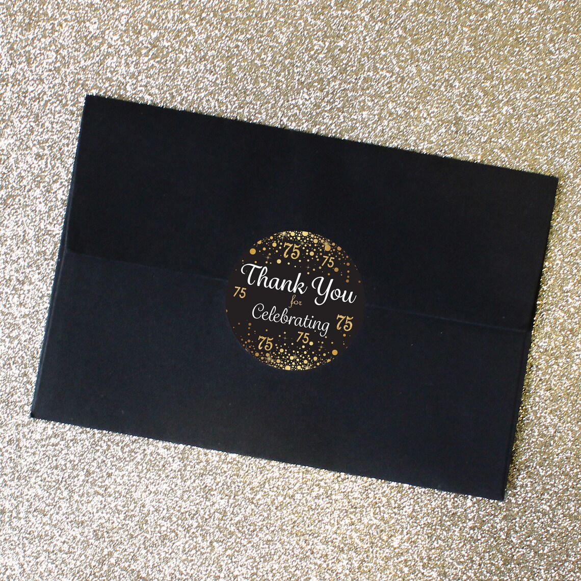 75th Birthday Thank You Stickers, Black and Gold Birthday Party Bag ...