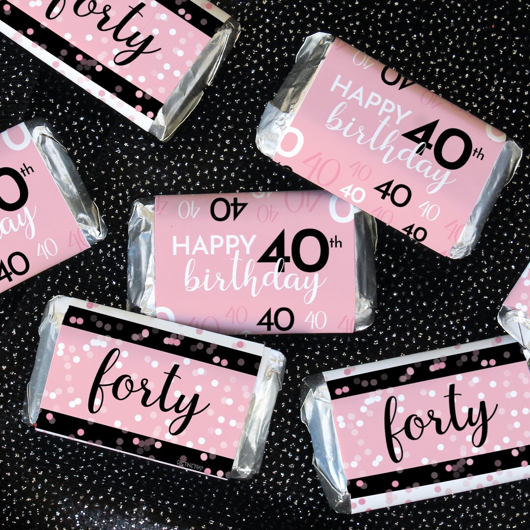 Pink 40th Birthday Party Favor Stickers – Pink & Black Mini Candy Bar ...