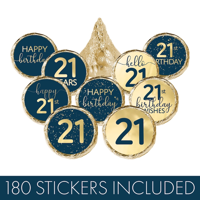 21st Birthday Party Favor Stickers, Navy Blue & Gold Foil Chocolate ...