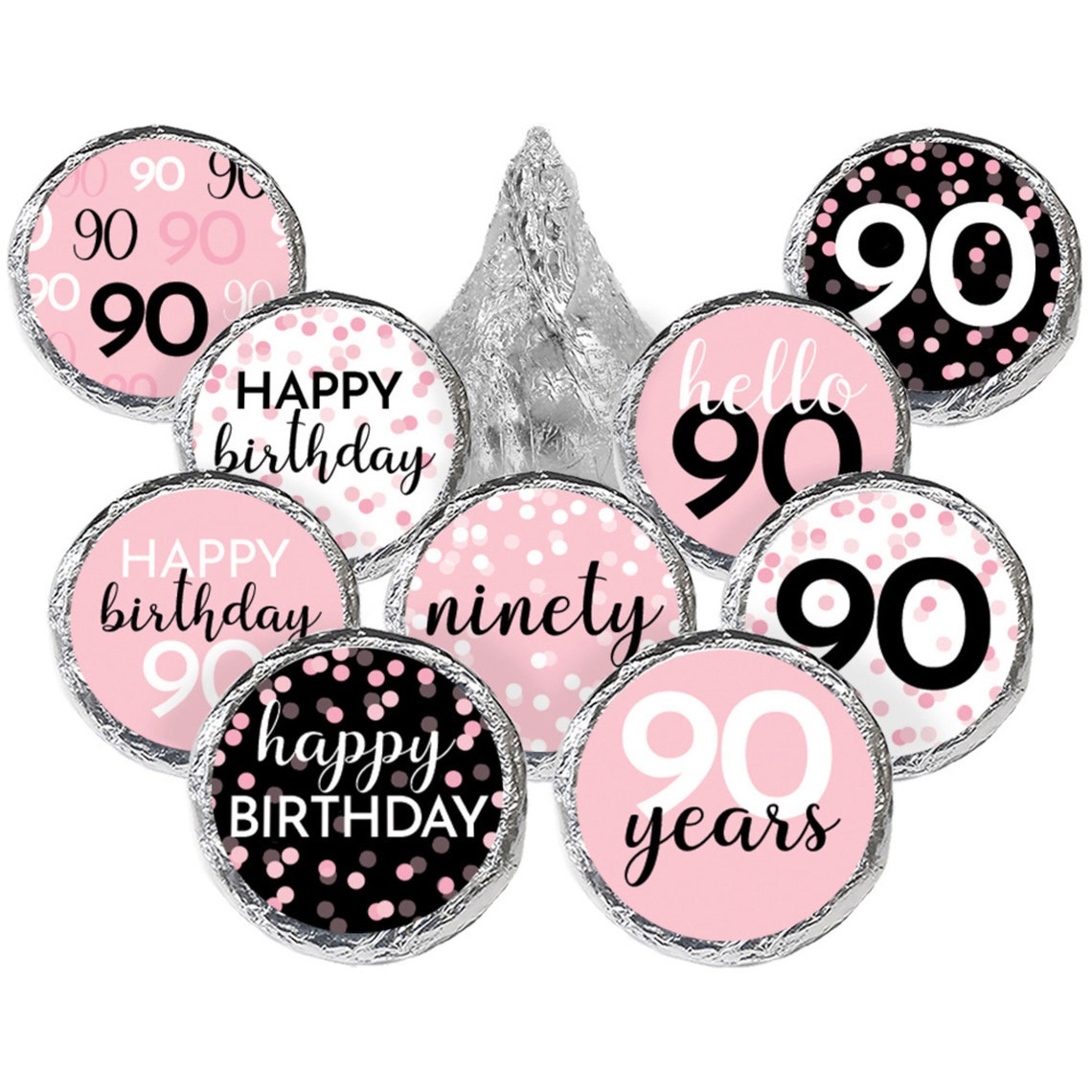 90th Birthday Party Favor Stickers, Pink Chocolate Kiss Sticker Labels ...