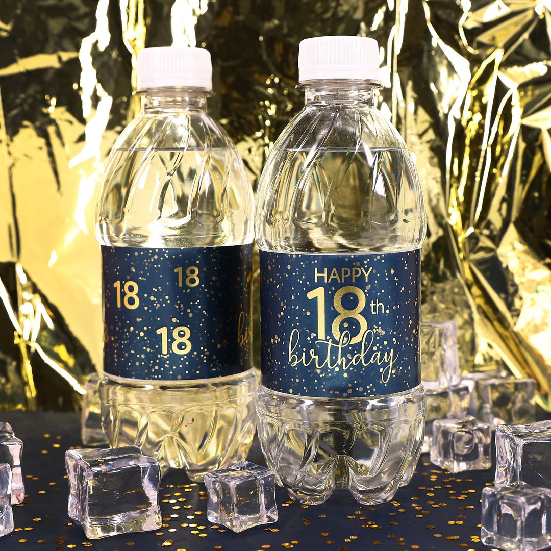 18th Birthday Party Favor Stickers Navy Blue & Gold Foil Water Bottle ...