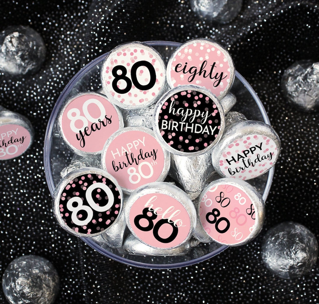 Pink 80th Birthday Party Favor Stickers for Chocolate Kisses, Happy ...