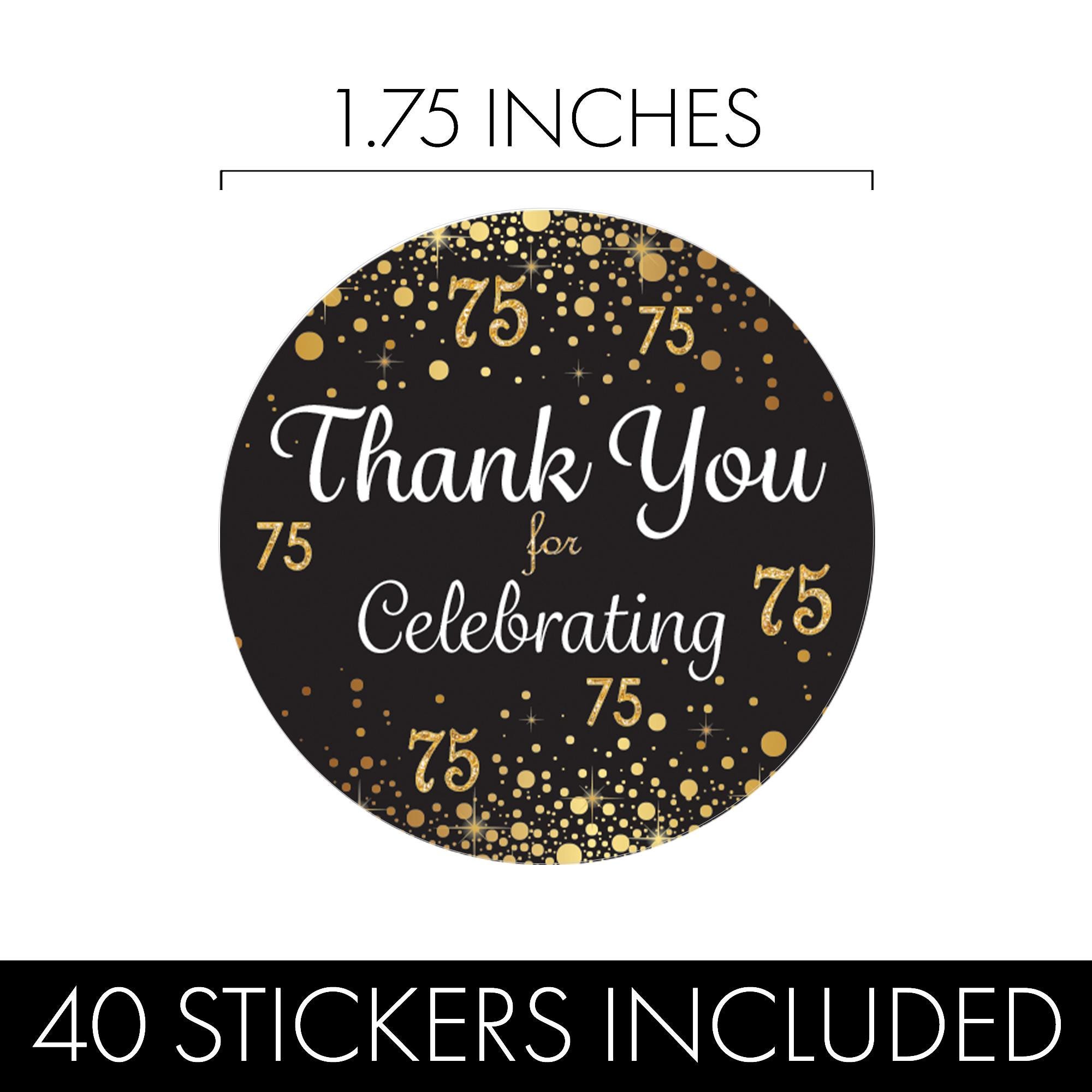 75th Birthday Thank You Stickers, Black and Gold Birthday Party Bag ...