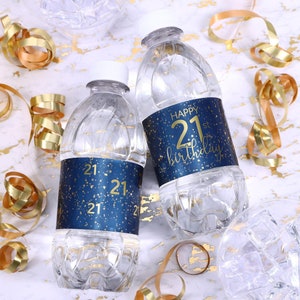 21st Birthday Party Favor Stickers, Navy Blue & Gold Foil Water Bottle ...