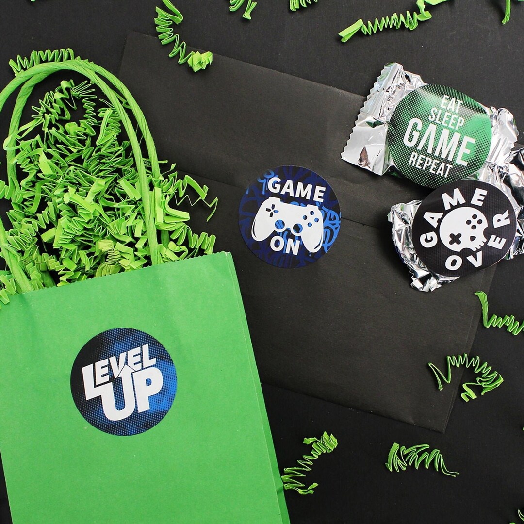 Video Game Birthday Party Favor Labels, Gamer Favor Bag Stickers, Level ...