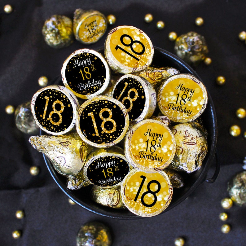 18th Birthday Party Favor Stickers, Black and Gold Candy Labels for ...