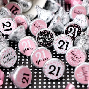 21st Birthday Party Favor Stickers Pink and Black Chocolate Kiss ...
