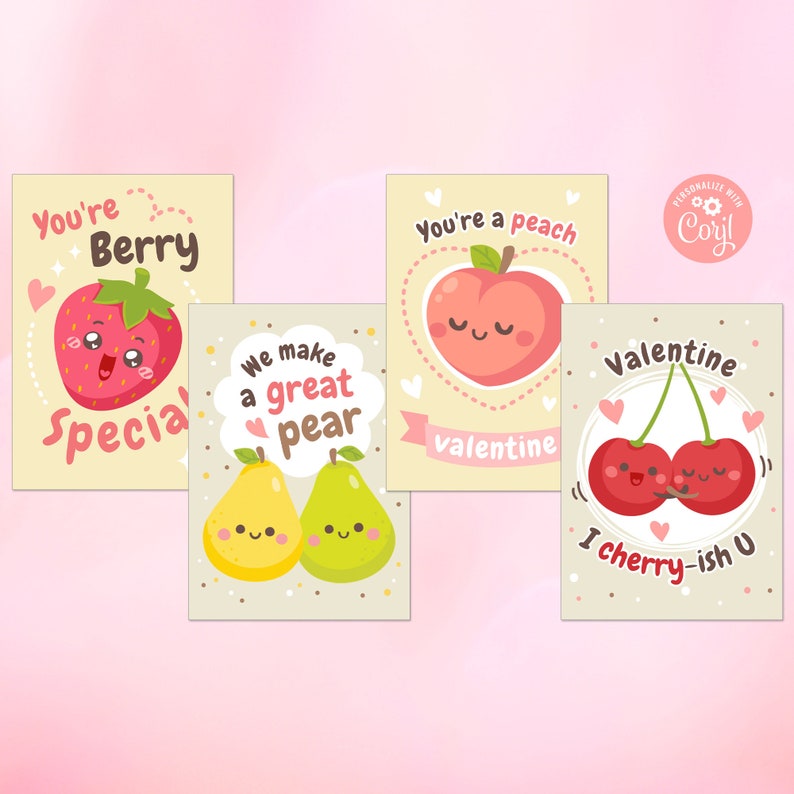 Fruit Valentine's Day Cards Punny Cute Printable - Etsy